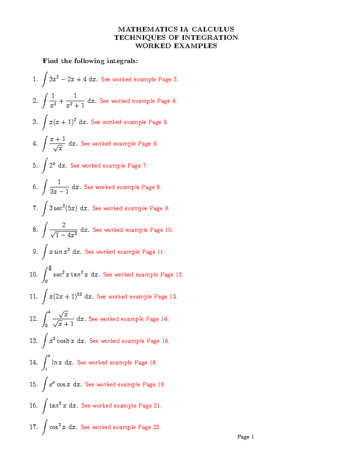 MATHEMATICS IA CALCULUS TECHNIQUES OF INTEGRATION EXAMPLES - Studocu