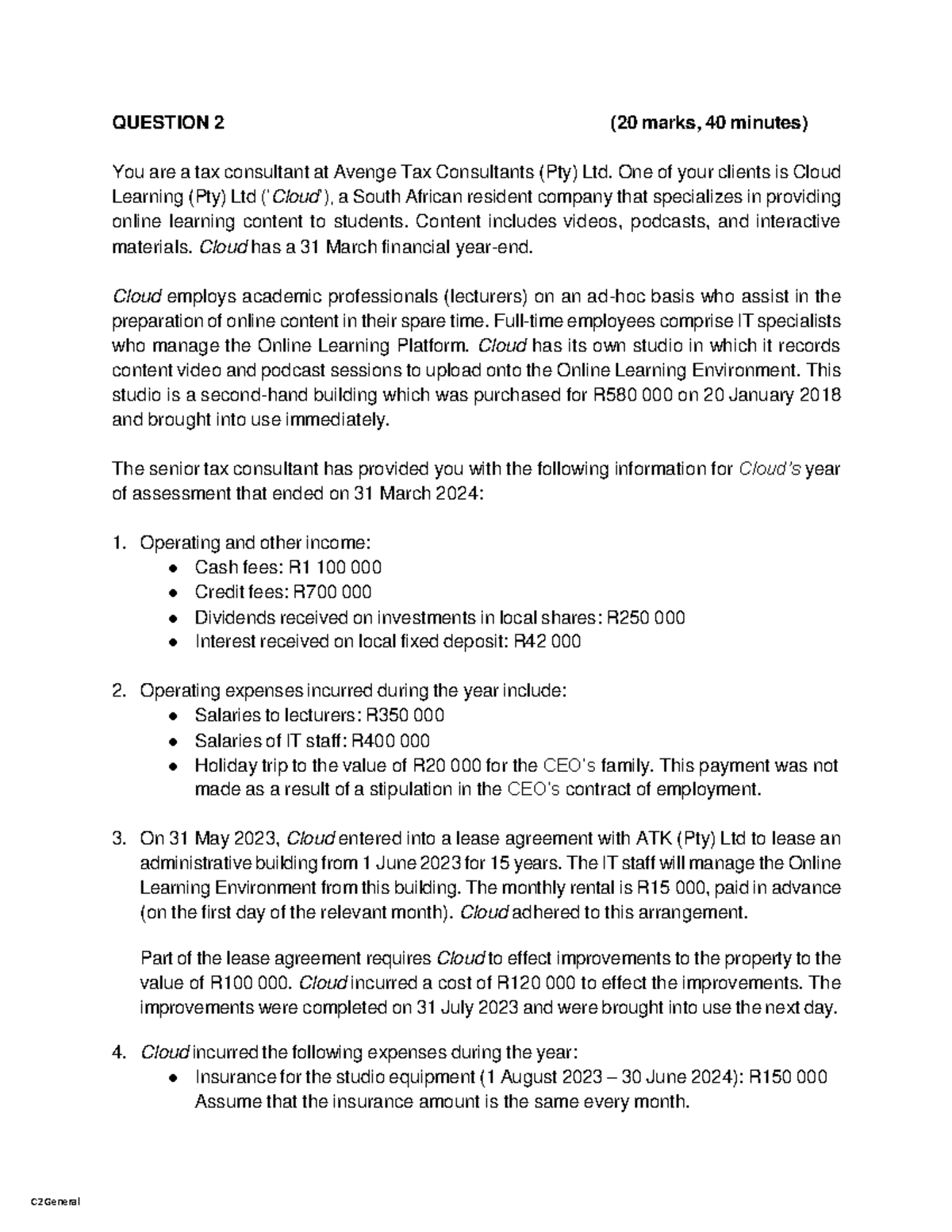 General, Special and prohibited deductions Question - C2 General QUESTION 2 (20 marks, 40 ...