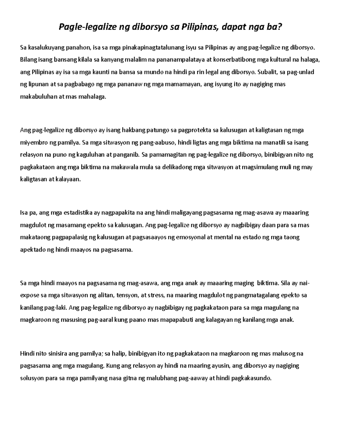 Diborsyo sa Pilipinas: Pagsusuri at Argumento para sa Legal na Pag ...