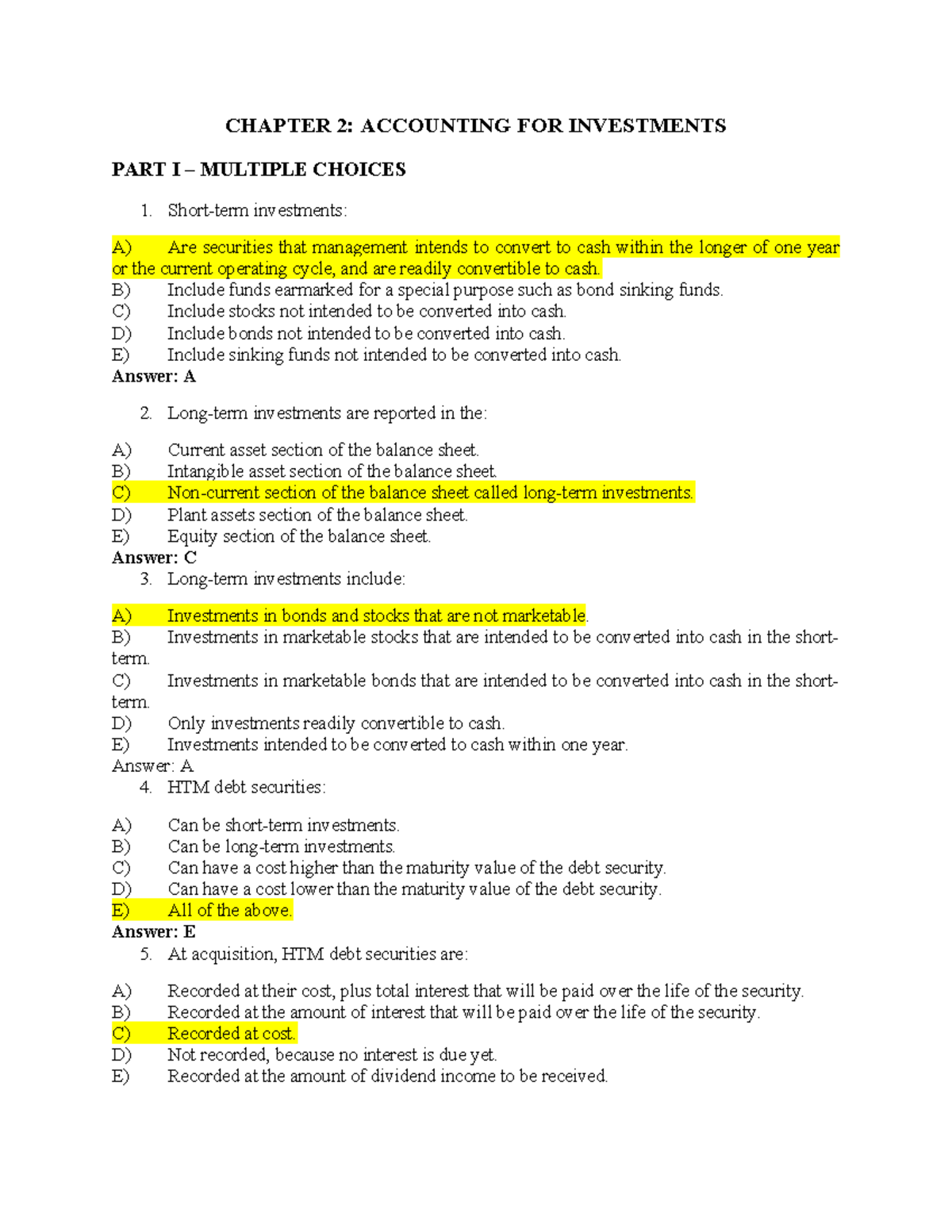 CHAPTER 2: ACCOUNTING FOR INVESTMENTS - MULTIPLE CHOICE EXERCISES - Studocu