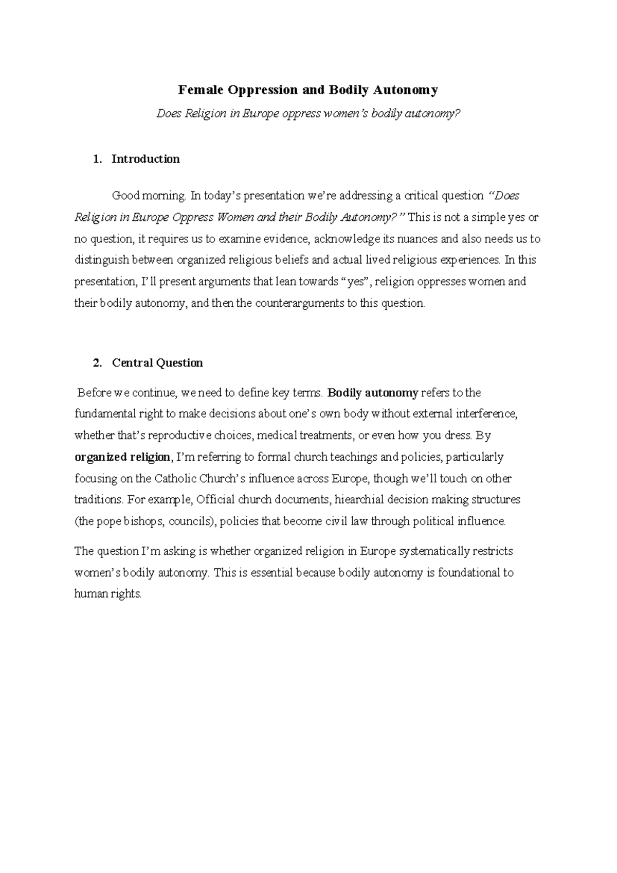 Religion in Europe: Examining Female Oppression & Bodily Autonomy - Studocu