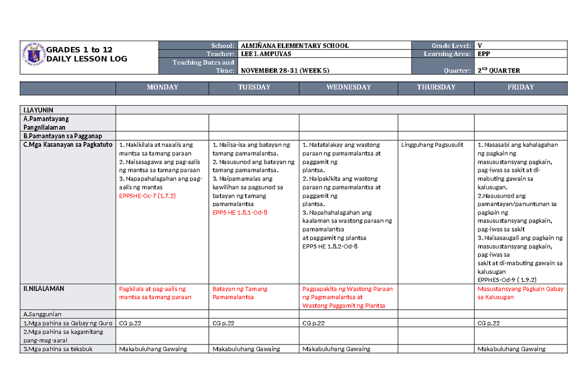 DLL EPP 5 Q2 W5 - Daily Lesson Log for EPP Grade 5 Activities - Studocu