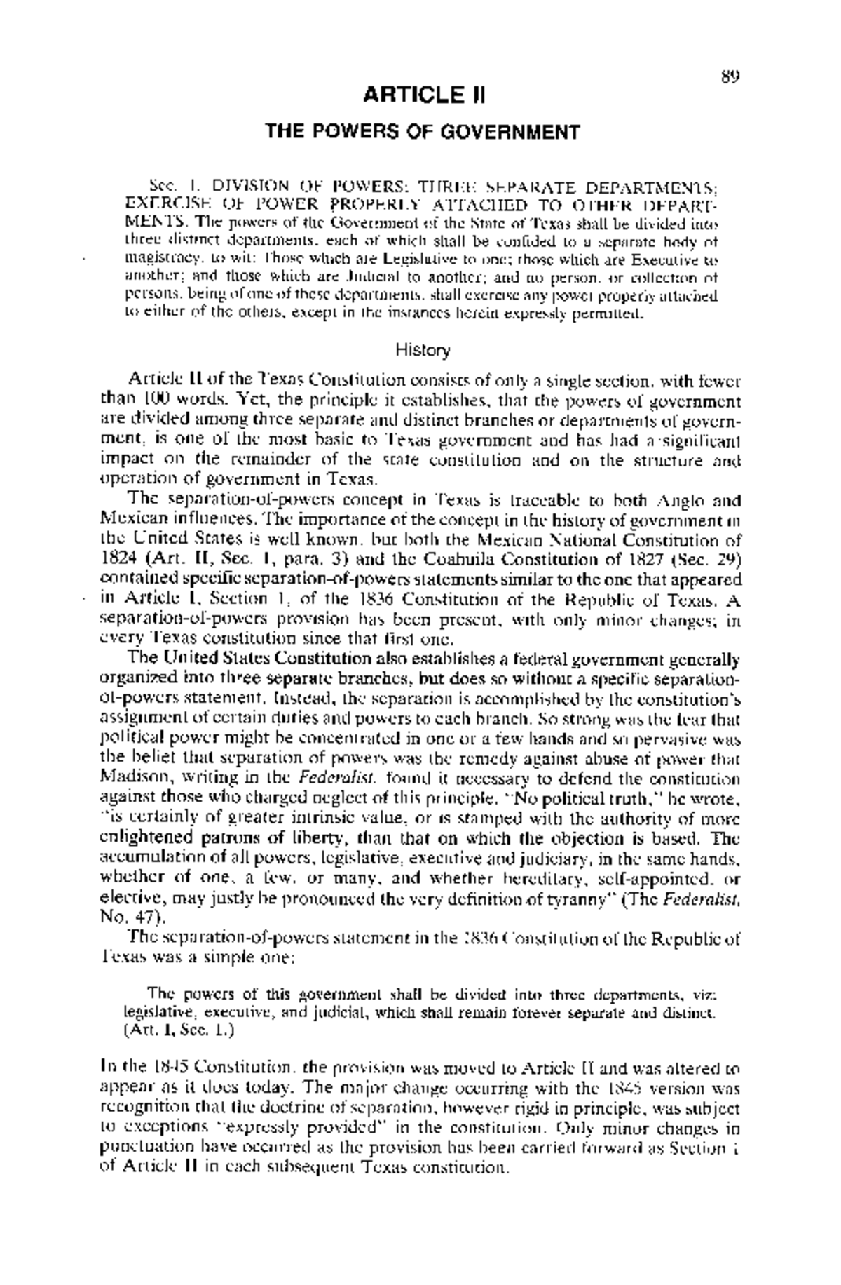 Texas Constitution Article II: Overview of Government Separation ...