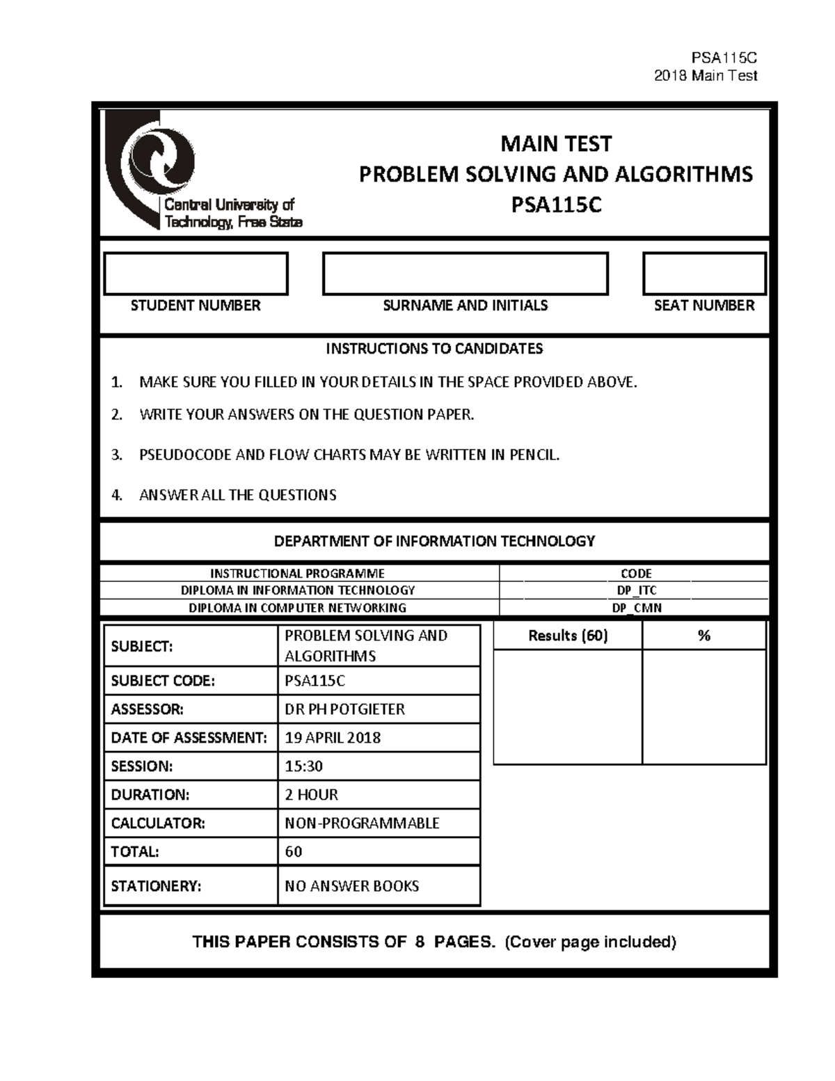 PSA115C 2018 Main Test: Problem Solving & Algorithms Assessment - Studocu