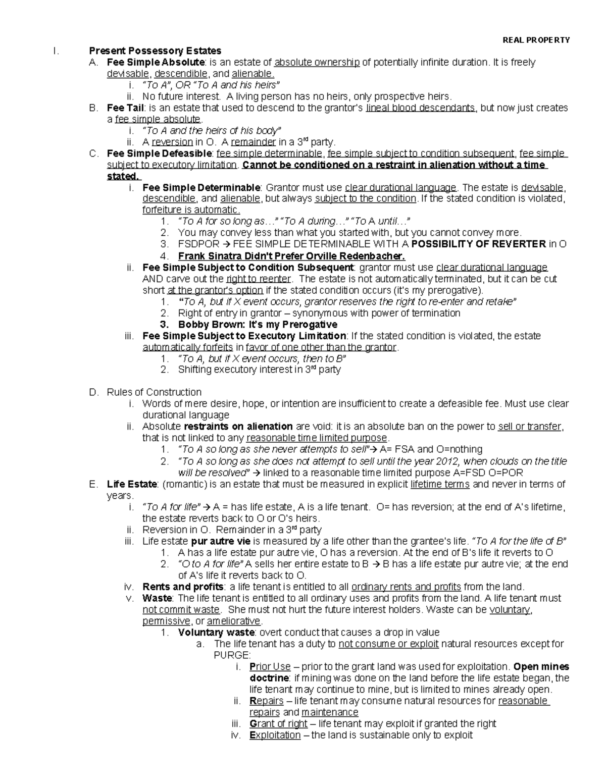 Real Property Outline for Course LAW 301: Possessory Estates and Future ...