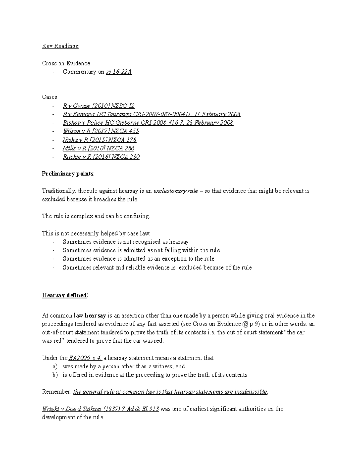 Key Readings: Hearsay Evidence Analysis in NZ Cases (LAW 101) - Studocu