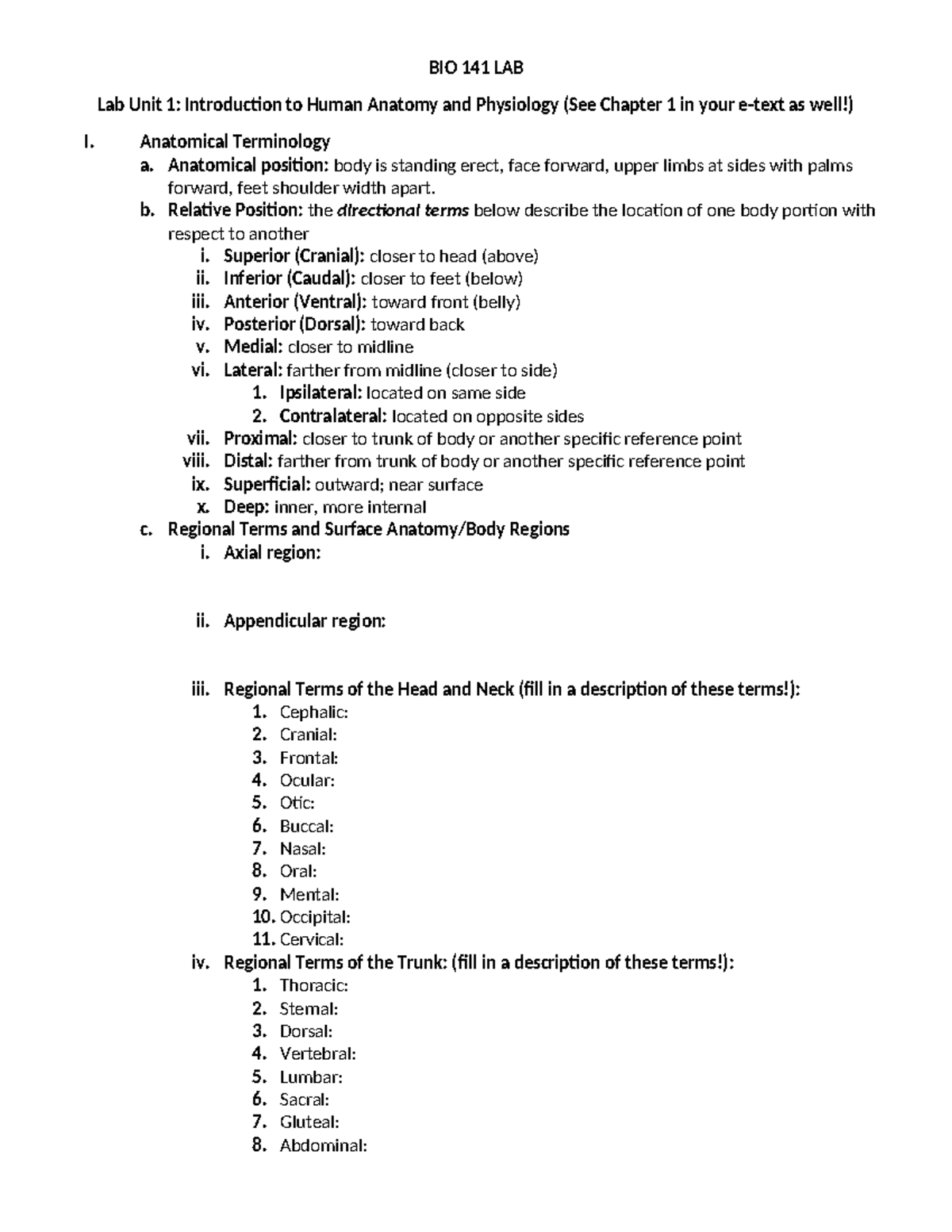 BIO 141 LAB: Unit 1 - Intro to Human Anatomy & Physiology Notes - Studocu