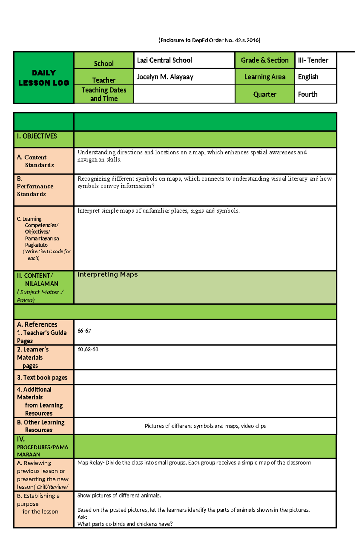 Daily Lesson Log (DLL) for Grade 4 English: Interpreting Maps and ...
