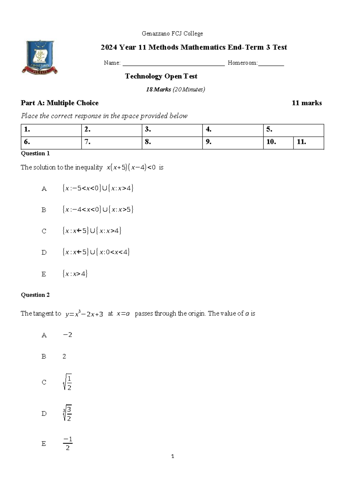 Year 11 Mathematical Methods - Term 3 Tech Open Test 2024 - Studocu