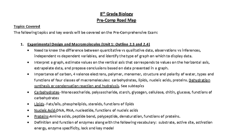 Bio 8 Final Exam Road Map: Key Topics for Pre-Comp 2024-2025 - Studocu