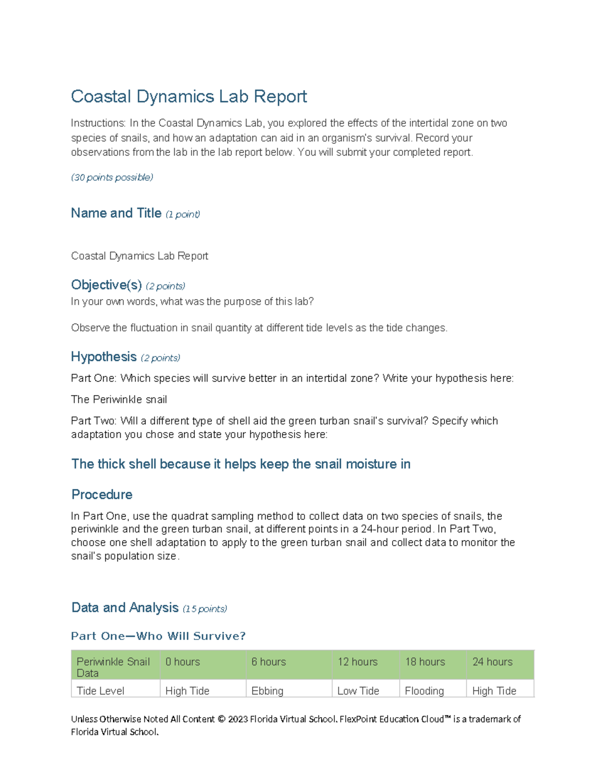 3.06 Marine Biology FLVS Coastal Dynamics Lab Report on Snail Species ...