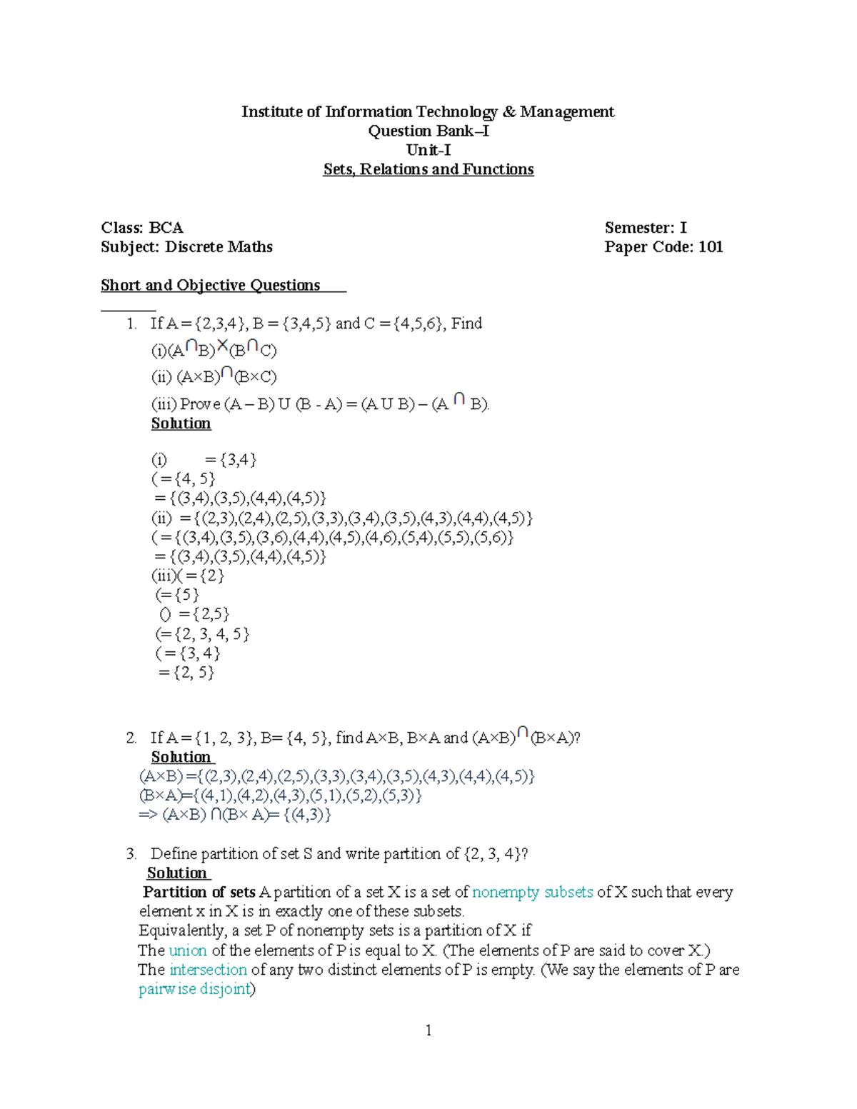 Question Bank I - Discrete Maths (BCA Sem I, Paper Code 101) - Studocu