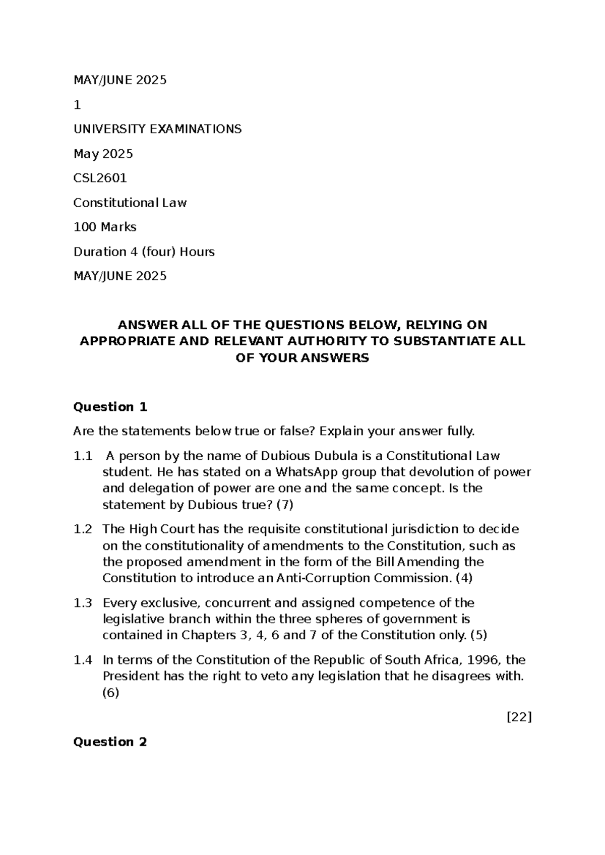 CSL2601 Final Exam Paper Questions - Constitutional Law May 2025 - Studocu