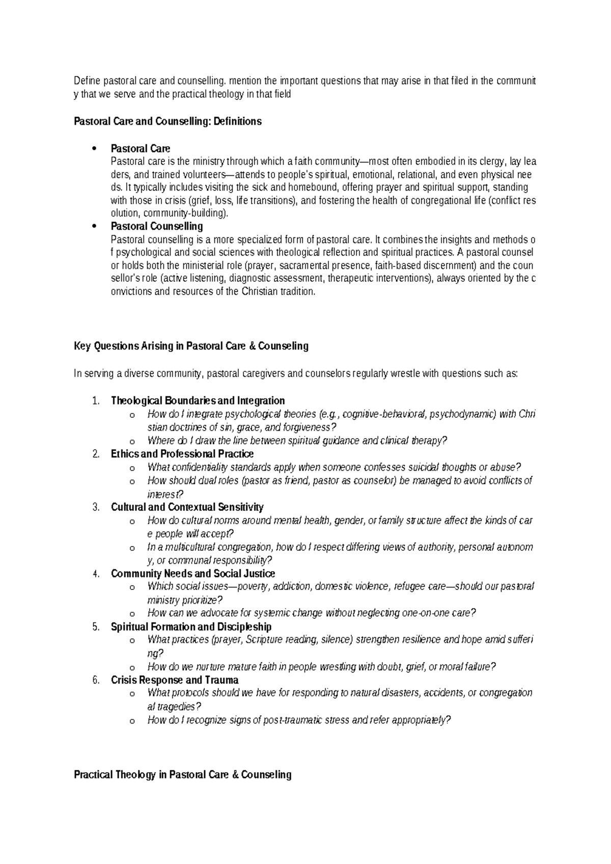 Pastoral Care & Counselling: Key Questions & Practical Theology ...