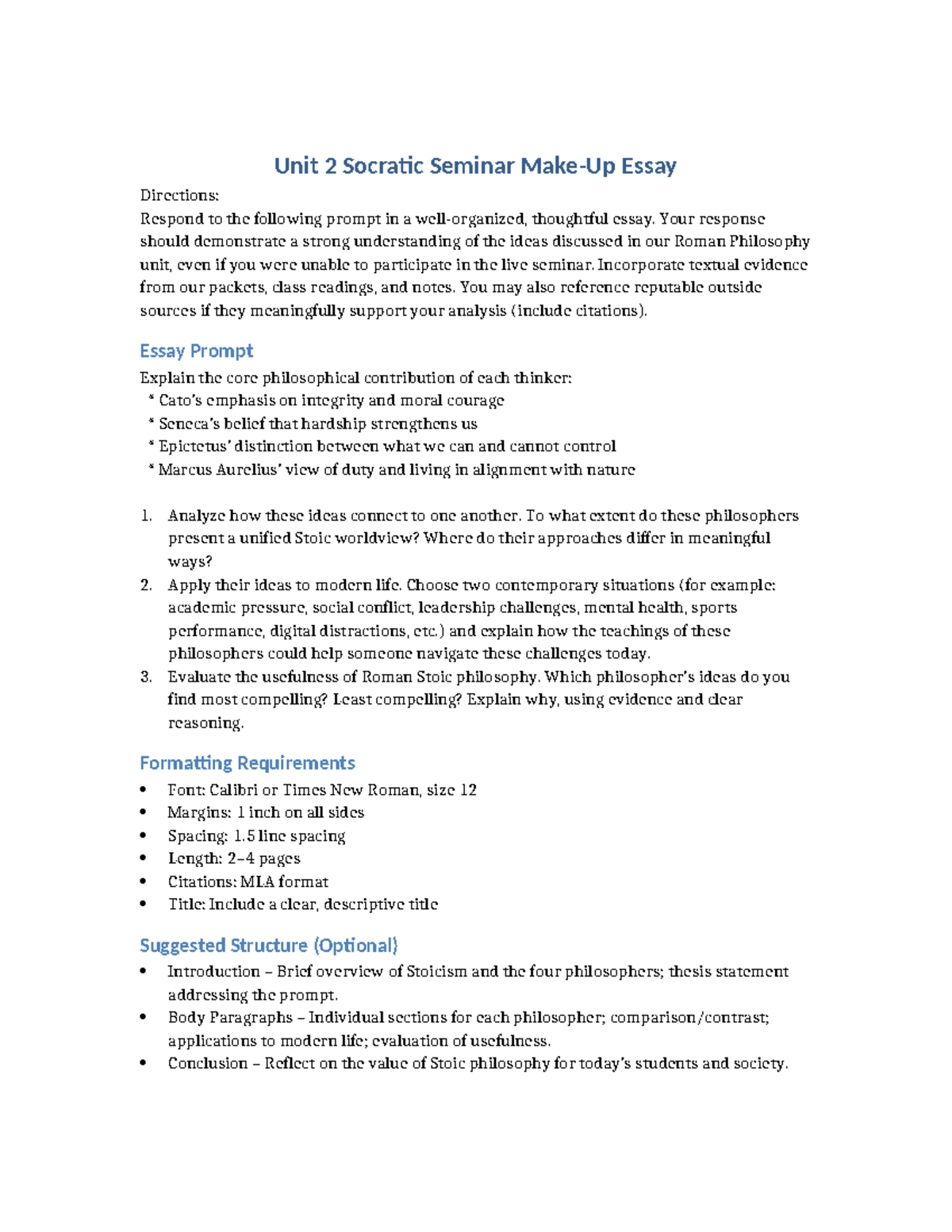 Unit 2: Socratic Seminar Essay on Roman Stoic Philosophy - Studocu
