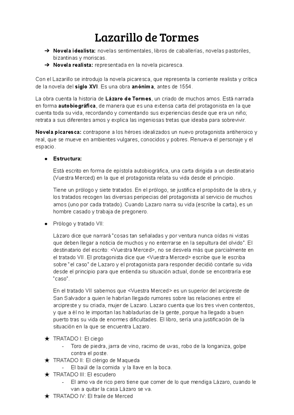 Apuntes para el Examen de Lazarillo de Tormes - Bachillerato 2023 - Studocu