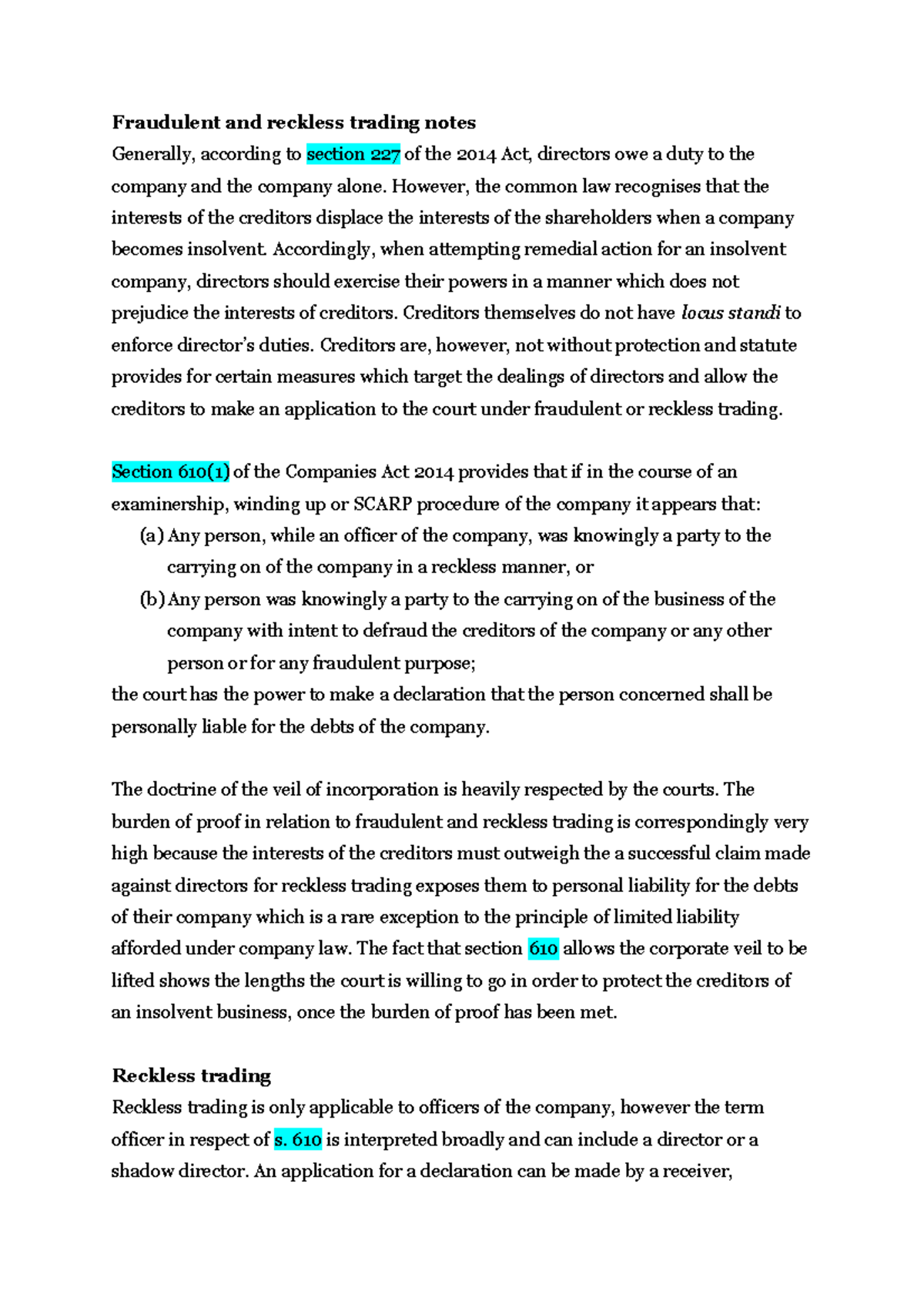 Fraudulent & Reckless Trading Legal Notes (C1B251) - Studocu