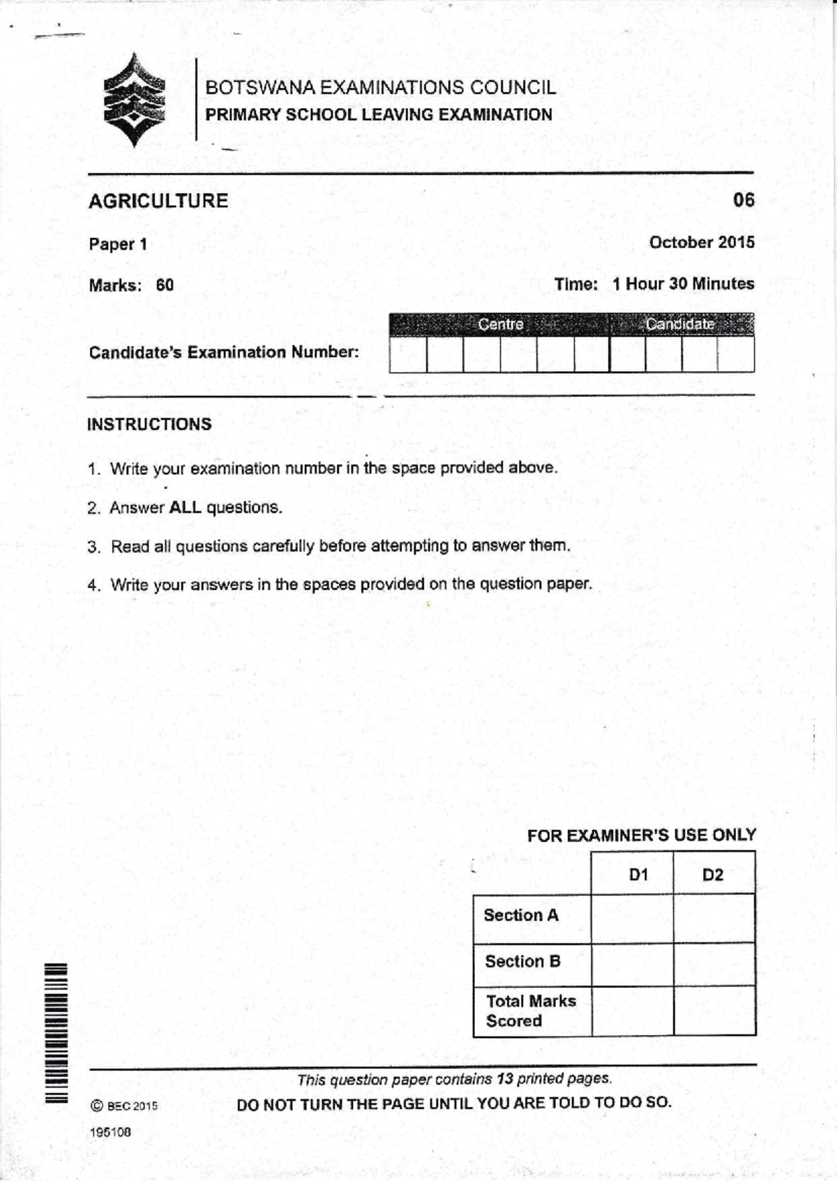 Agriculture PSLE 2015 Exam Paper 1 - Botswana Primary School - Studocu