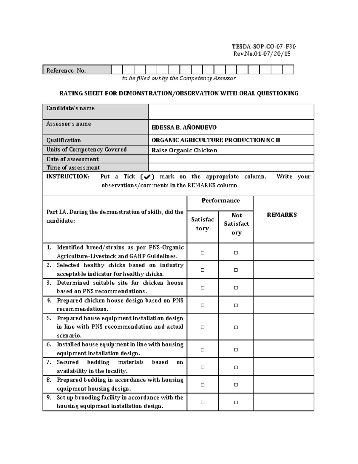 Rating Sheet for Demo Observation with Oral Questioning - EDESSA B ...