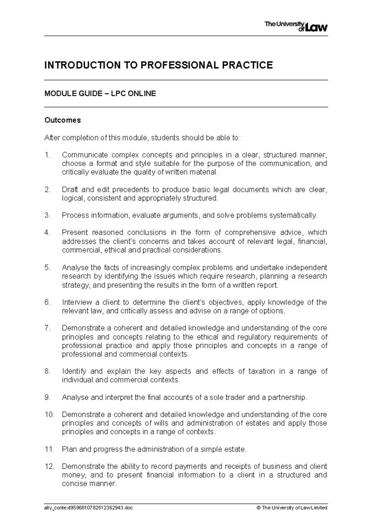 LPC Online: Introduction to Professional Practice Module Guide - Studocu
