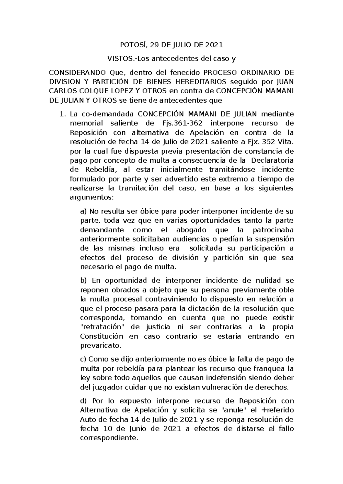 Resolución del Juez sobre Recurso de Reposición y Apelación - C.P.C ...