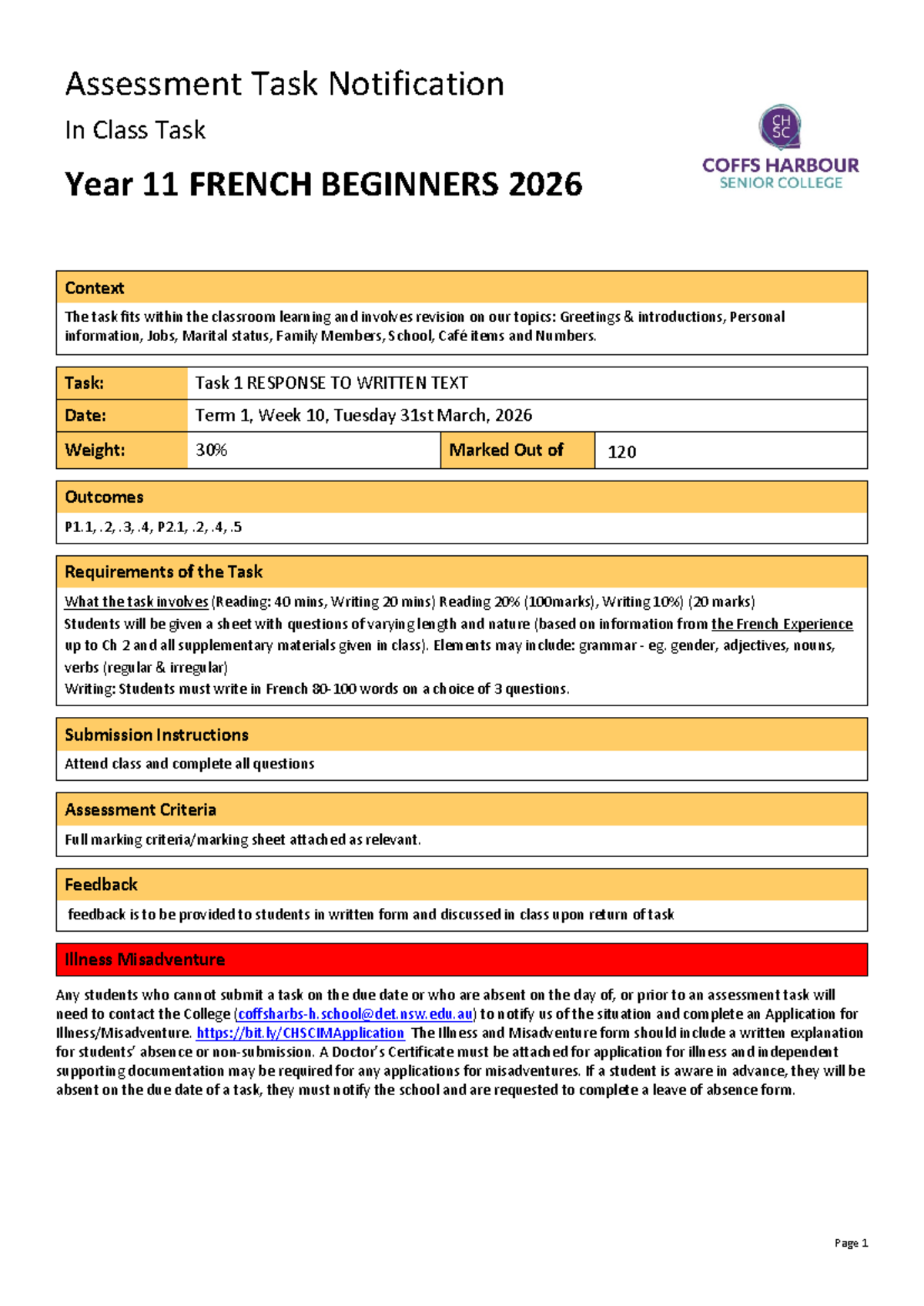 Year 11 FRENCH BEGINNERS 2026: In-Class Task 1 Notification - Studocu