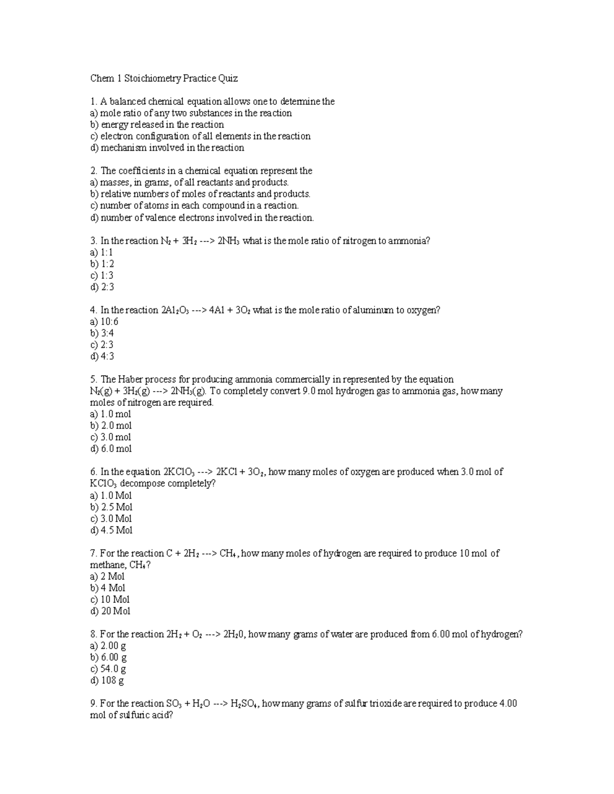 Chem 1 Stoichiometry Practice Quiz - b) relative numbers of moles of ...