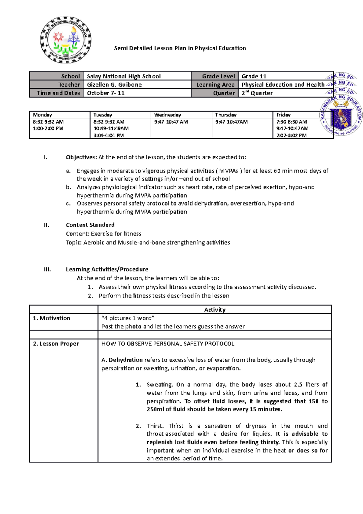 DLP PE Grade 11 WEEK4 - DAILY LESSON PLAN SAMPLE - Semi Detailed Lesson Plan in Physical ...