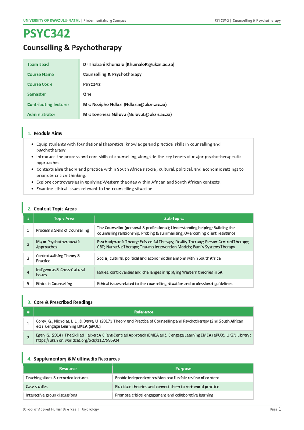 PSYC342 Counselling Psychotherapy Module Outline - University of PMB ...