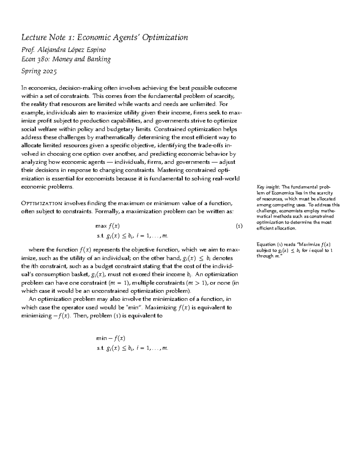 Econ 380: Lecture Note 1 - Economic Optimization Concepts & Practices ...