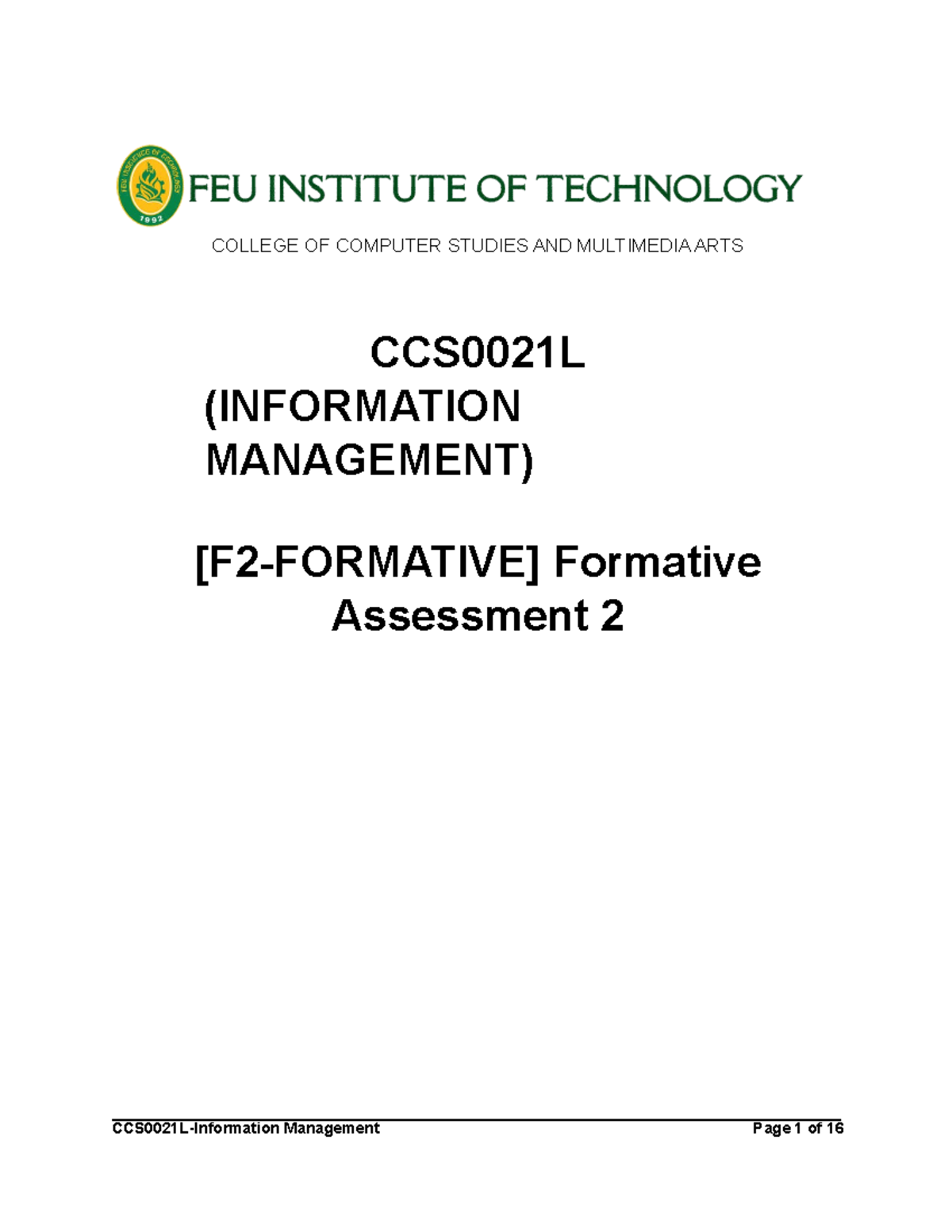 CCS0021L Data Modeling and Normalization: Formative Assessment F2 - Studocu