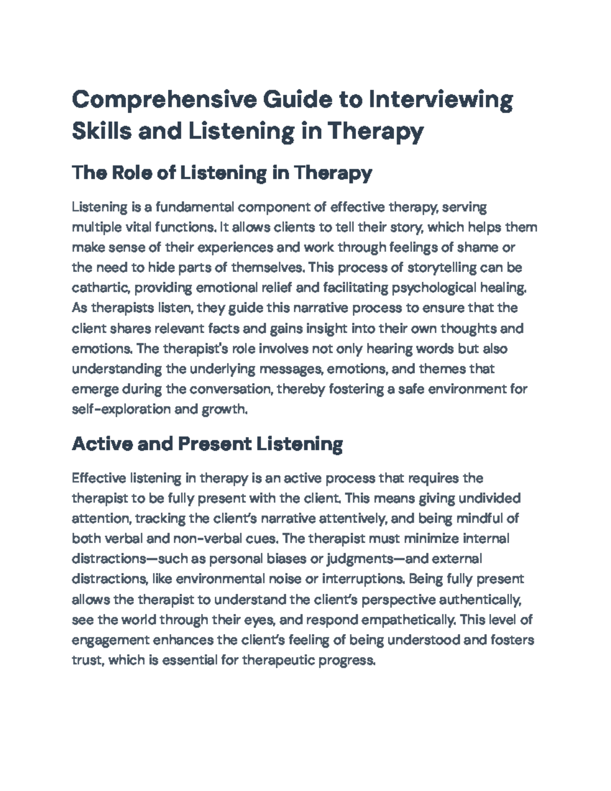Comprehensive Guide to Interviewing Skills & Active Listening in Therapy - Studocu