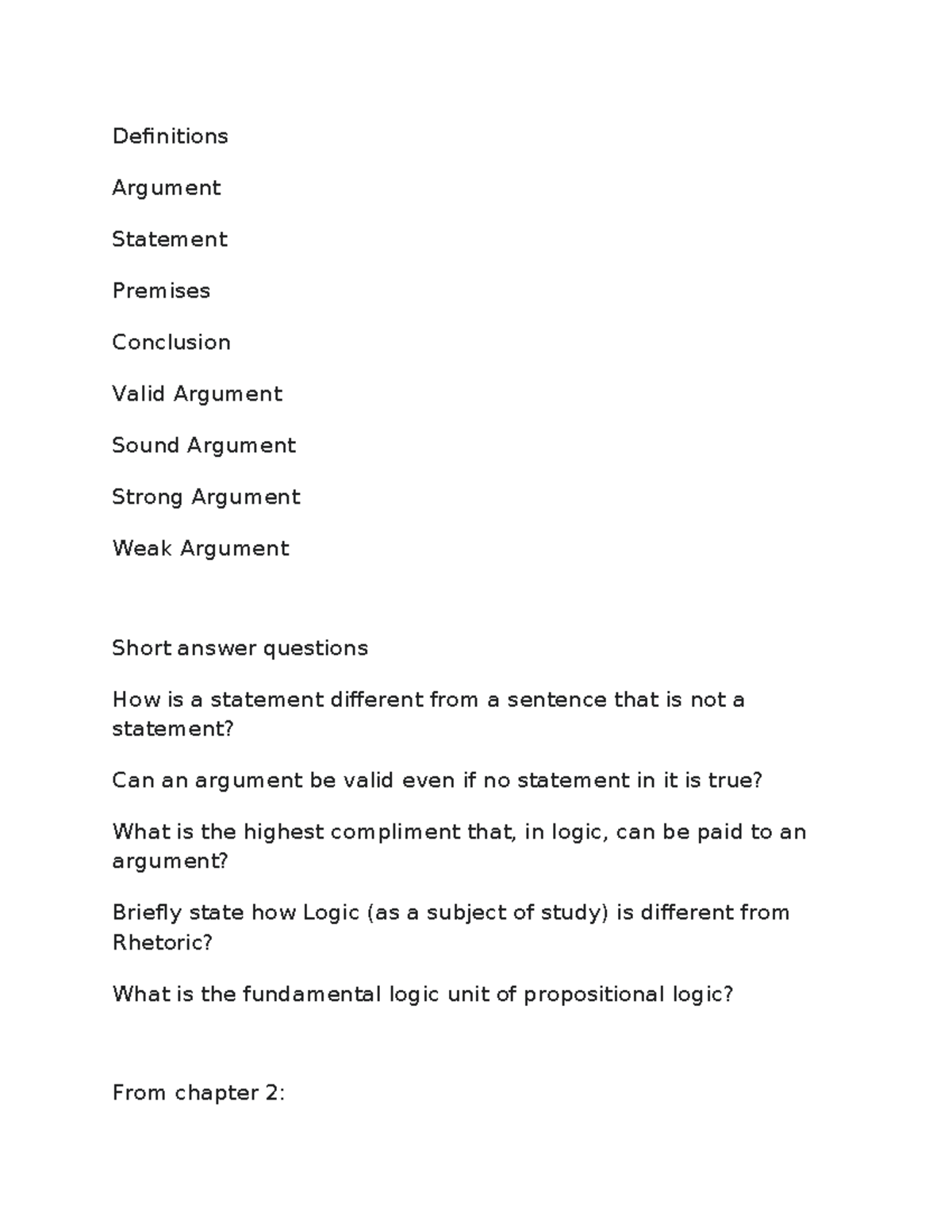 Logic Concepts and Argument Analysis: Key Definitions (Chapter 2) - Studocu