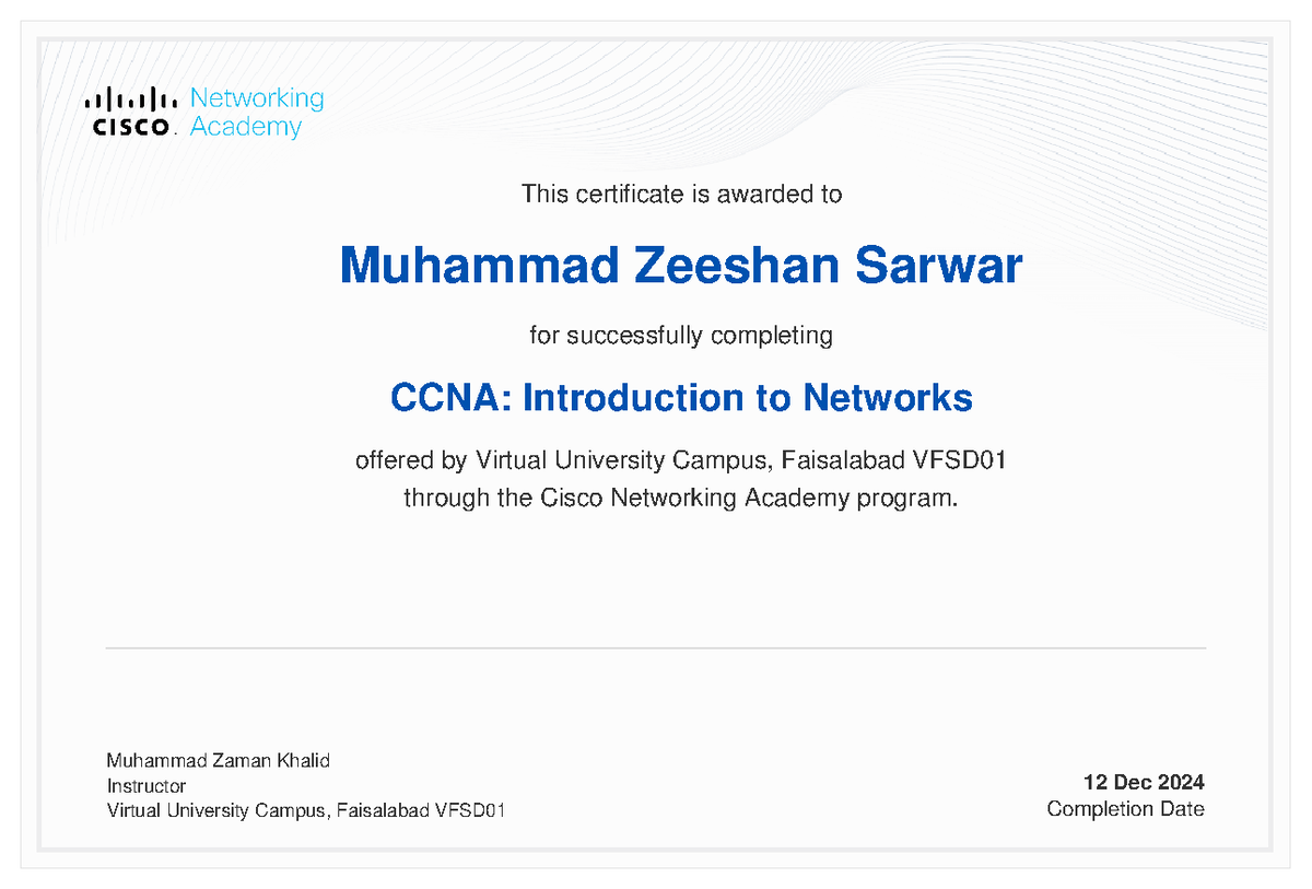 CCNA Zeeshan - ccna certificate - Computer Networks - This certificate is awarded to Muhammad ...