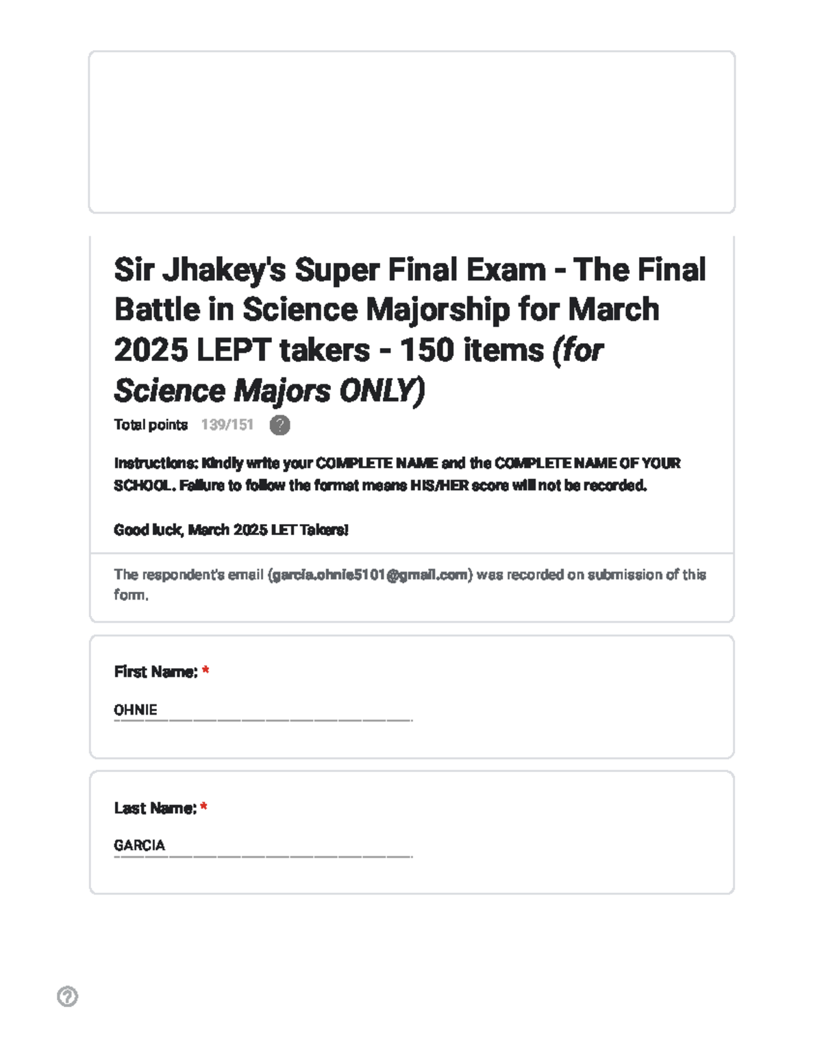 Sir Jhakey's Super Final Exam: Science Majorship for March 2025 LEPT - Studocu