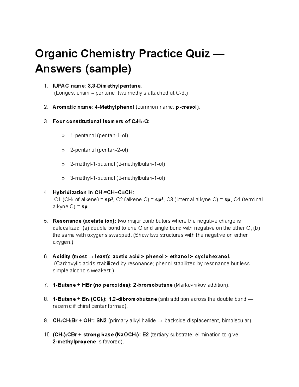 Ch 5 Organic Chemistry Practice Quiz Answers (Sample) - Studocu