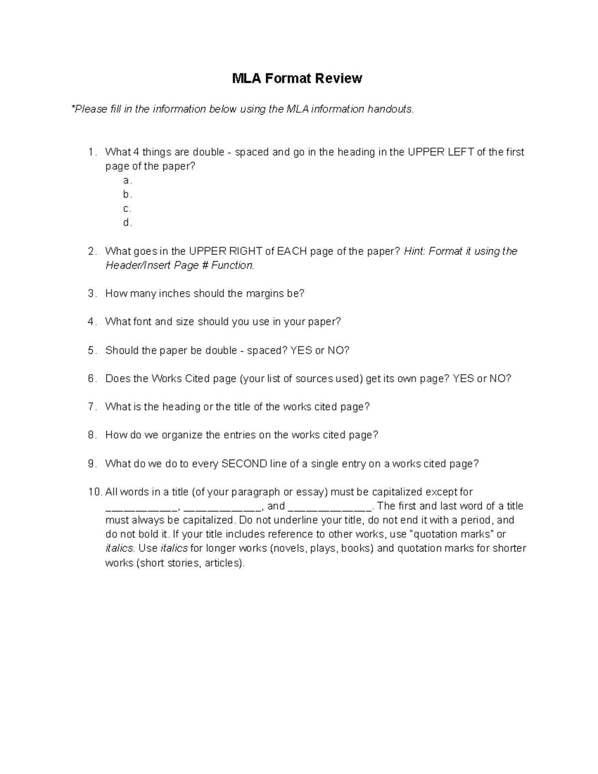 MLA Formatting Worksheet: Key Concepts & Guidelines - Studocu