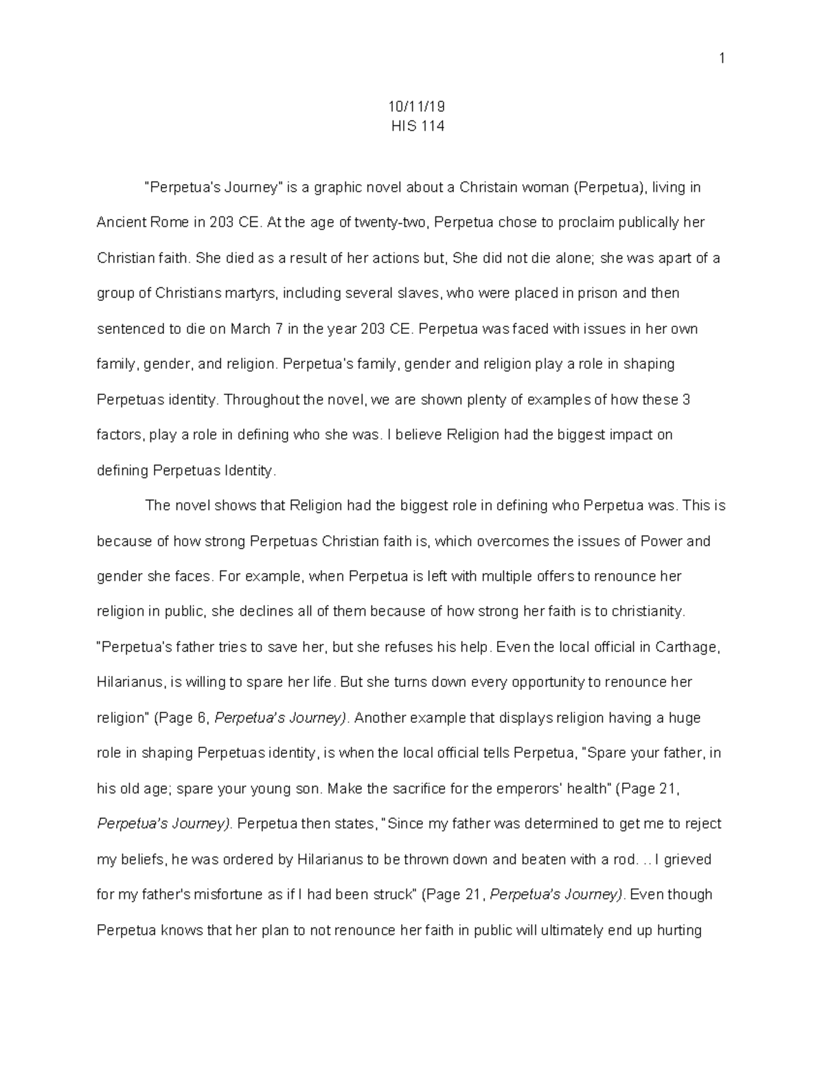 HIS 114 - Analyzing Perpetua's Identity: Faith, Family, and Gender ...