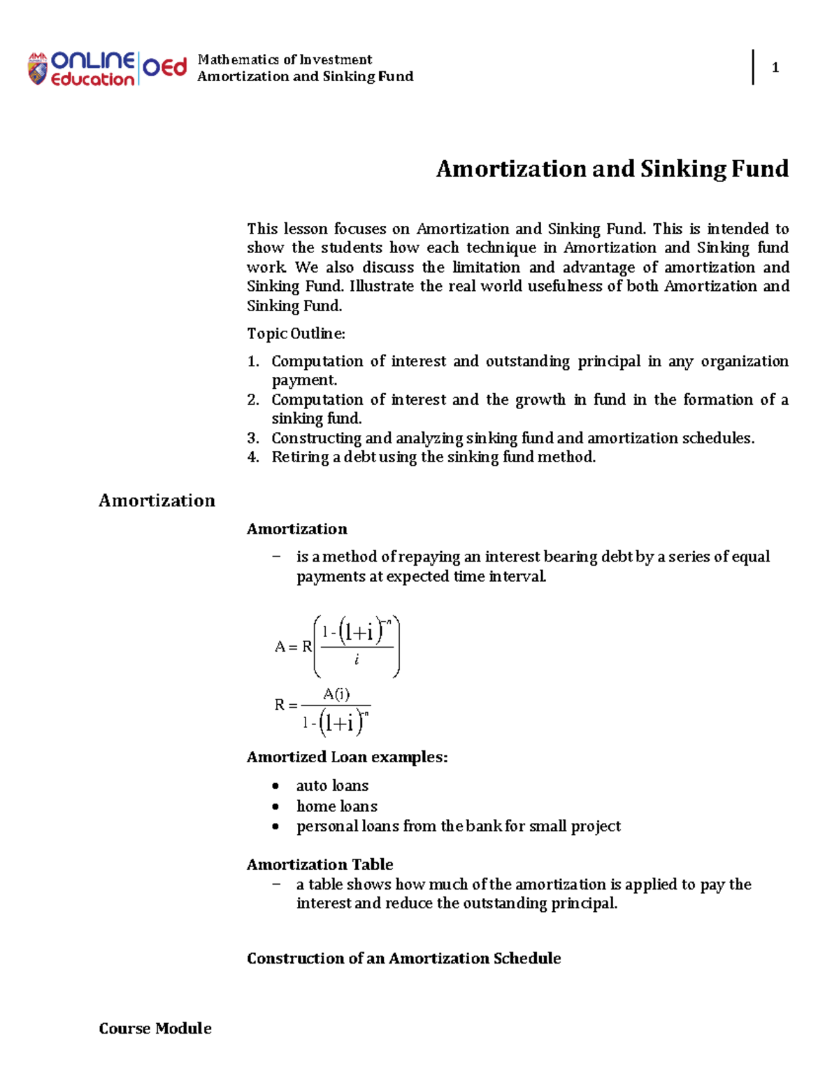 Week 006 - Course Module: Amortization & Sinking Fund Overview - Studocu
