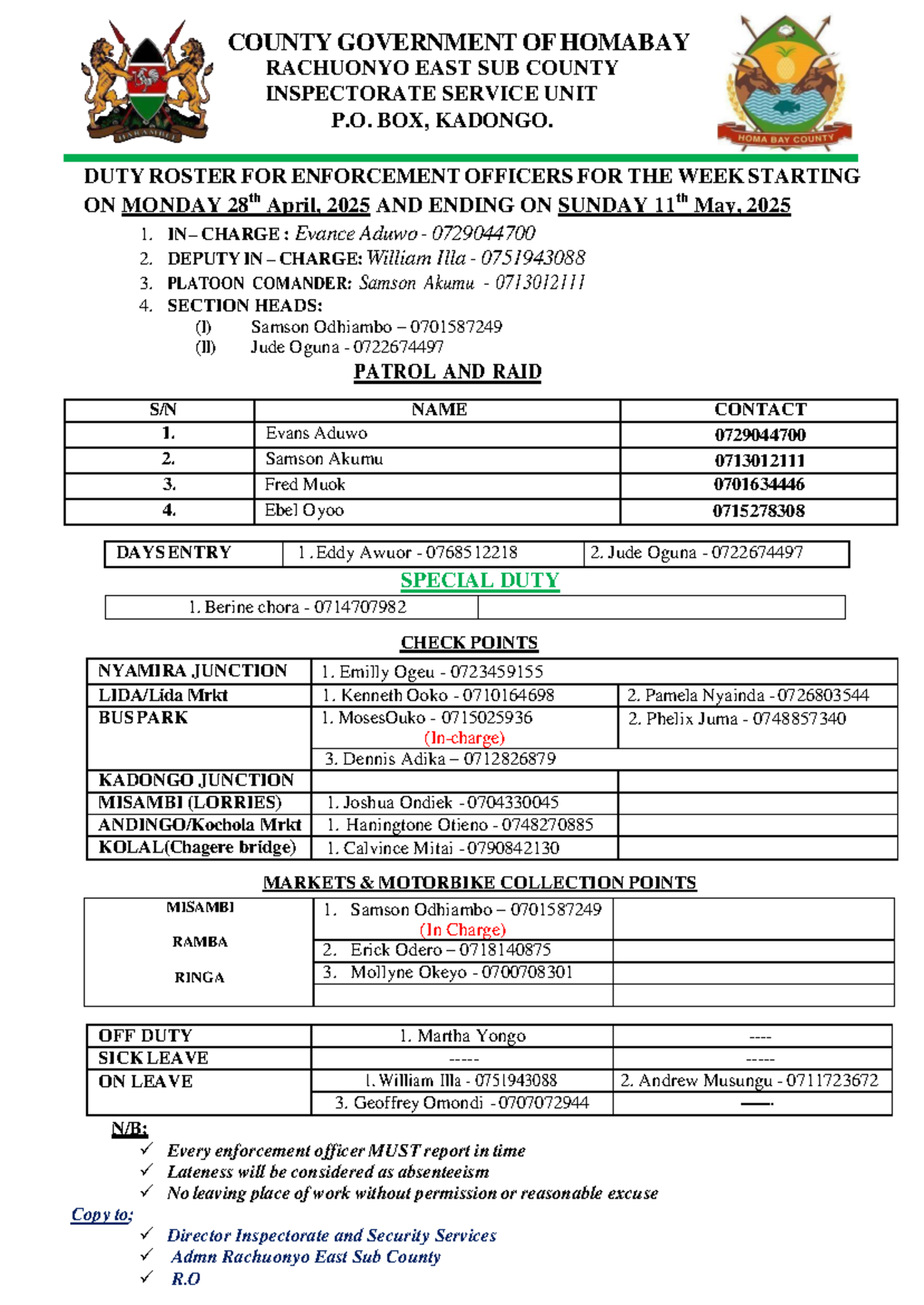 Rachuonyo EAST Duty Roster for Enforcement Officers: April 28 - May 11 ...