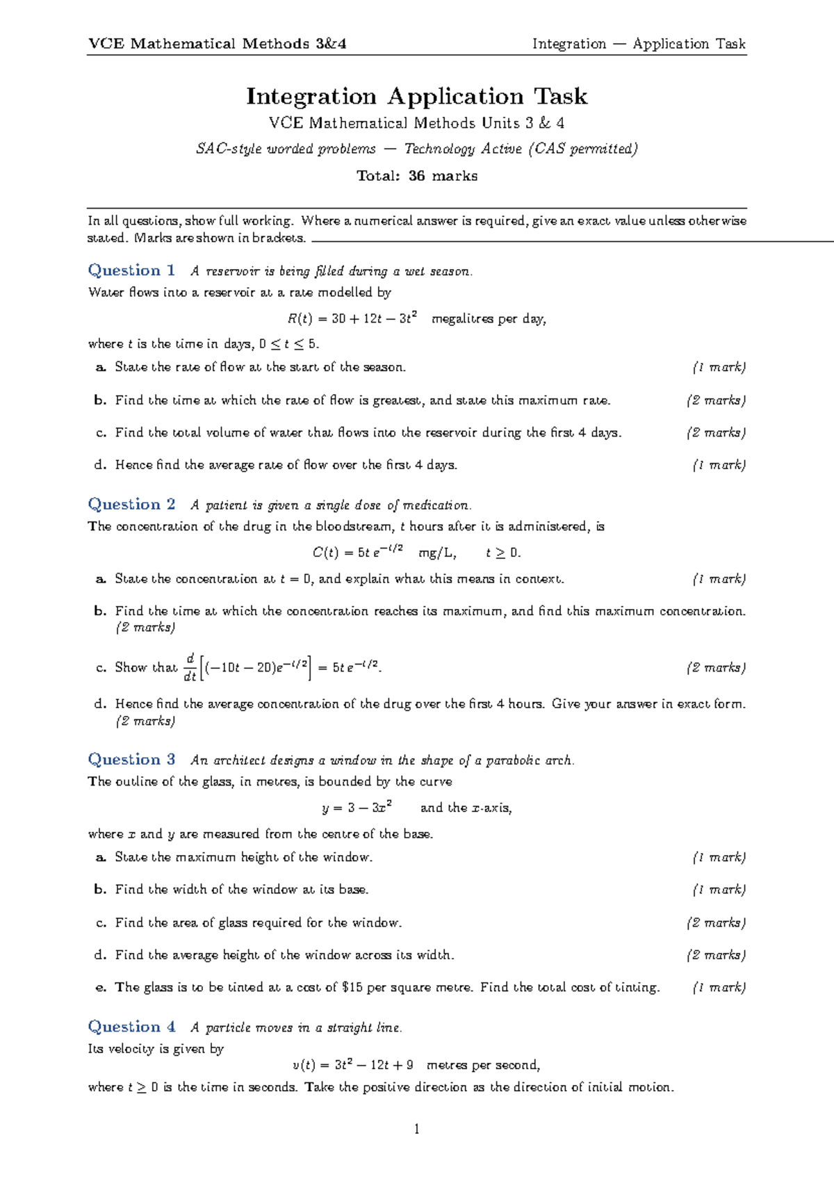 Integration SAC Task VCE Mathematical Methods Units 3 4 - Studocu