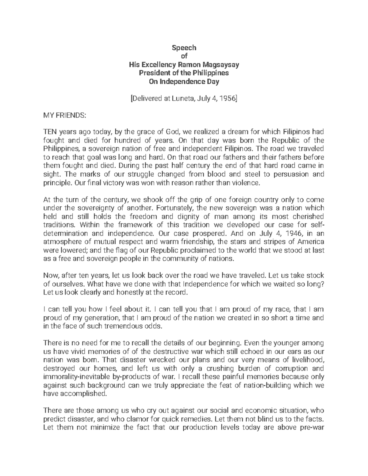 Speech of President Magsaysay on Philippine Independence Day - Studocu