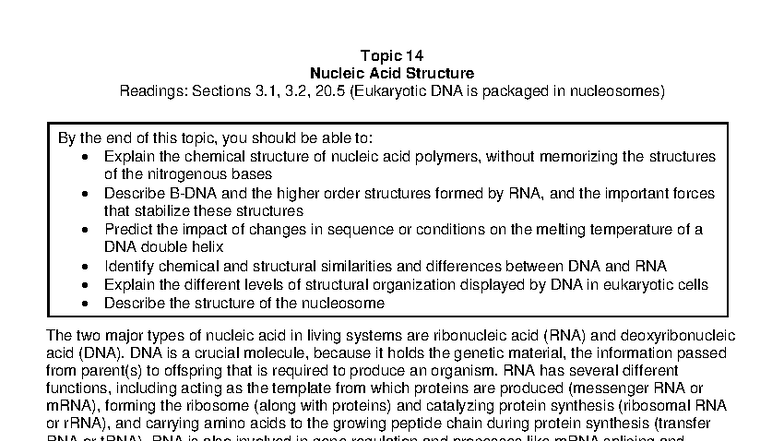 Topic 14 Lecture Notes: Nucleic Acid Structure & Eukaryotic DNA ...