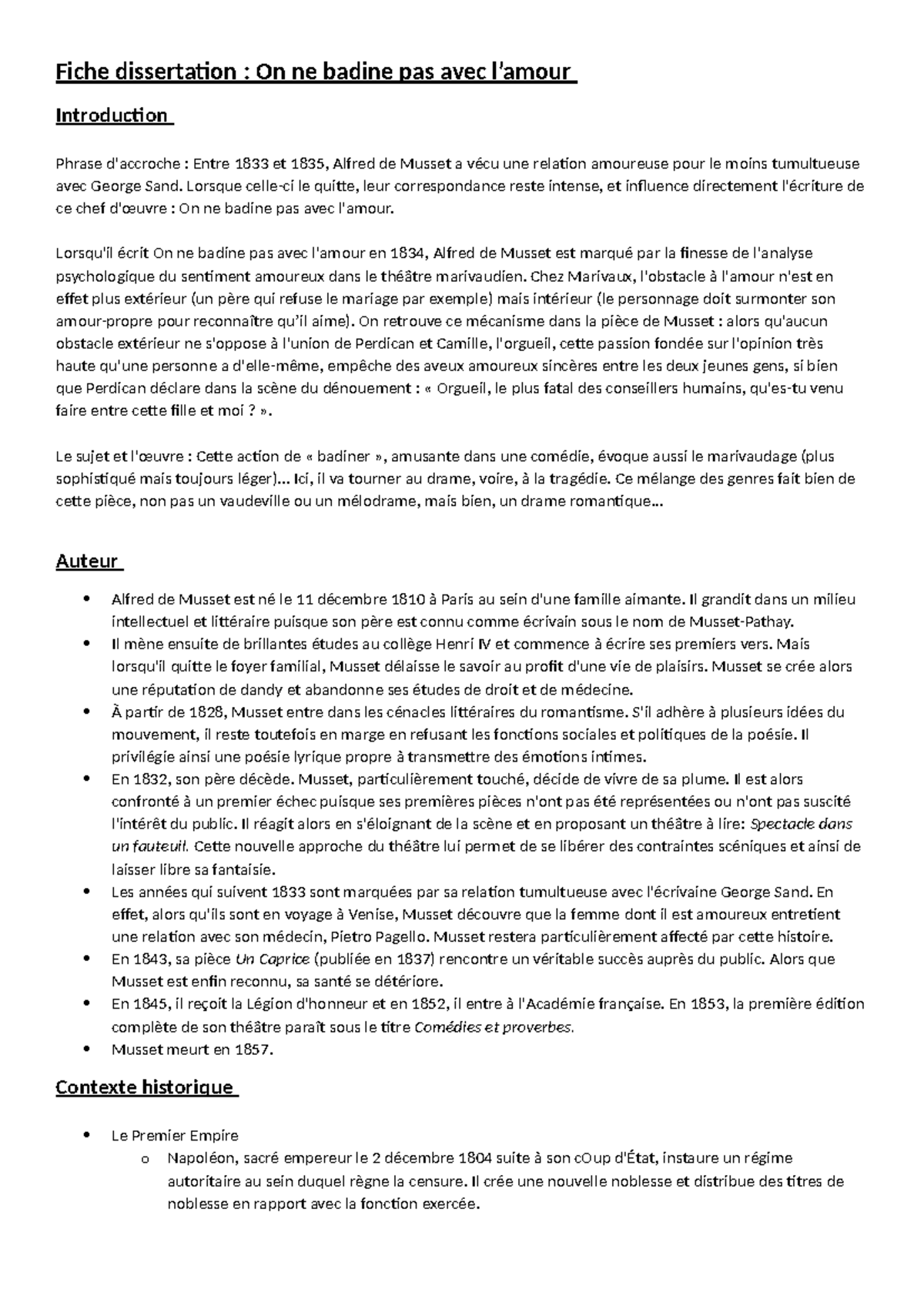 Fiche Dissertation : On ne badine pas avec l'Amour - Analyse et Contexte - Studocu