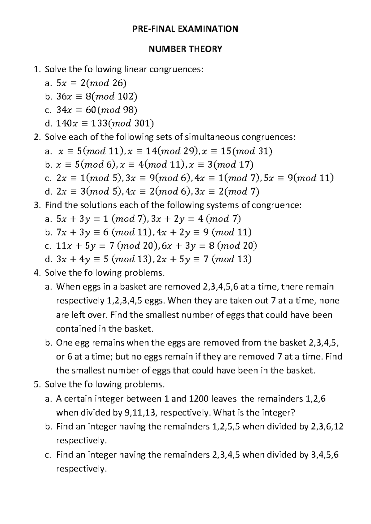 Number- Theory-EXAM-2022 - PRE-FINAL EXAMINATION NUMBER THEORY Solve ...