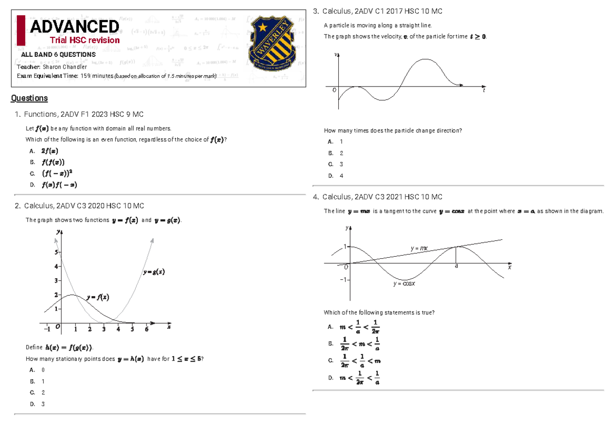 Advanced Calculus & Functions: 2ADV HSC Band 6 Questions - Studocu