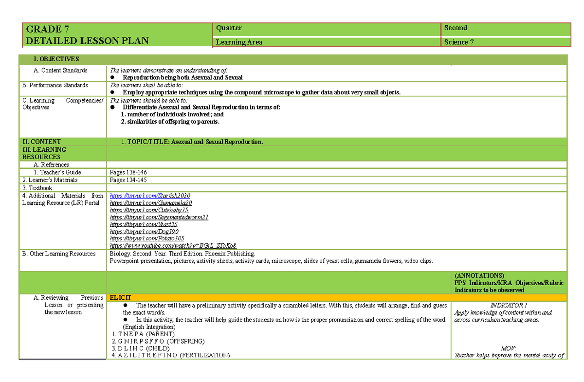 Science 7-DLP-COT1-2021: Detailed Lesson Plan on Reproduction - Studocu