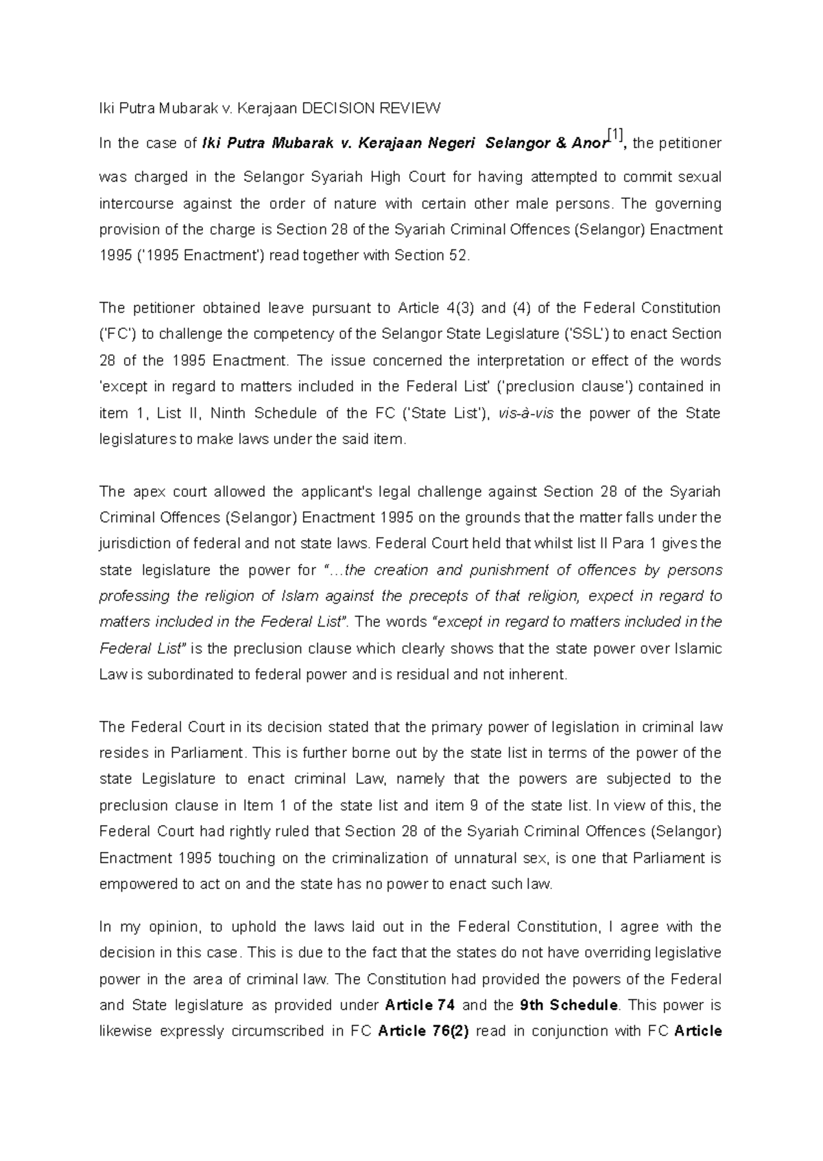 Iki Putra Mubarak v Kerajaan Negeri Selangor Case Decision Analysis ...