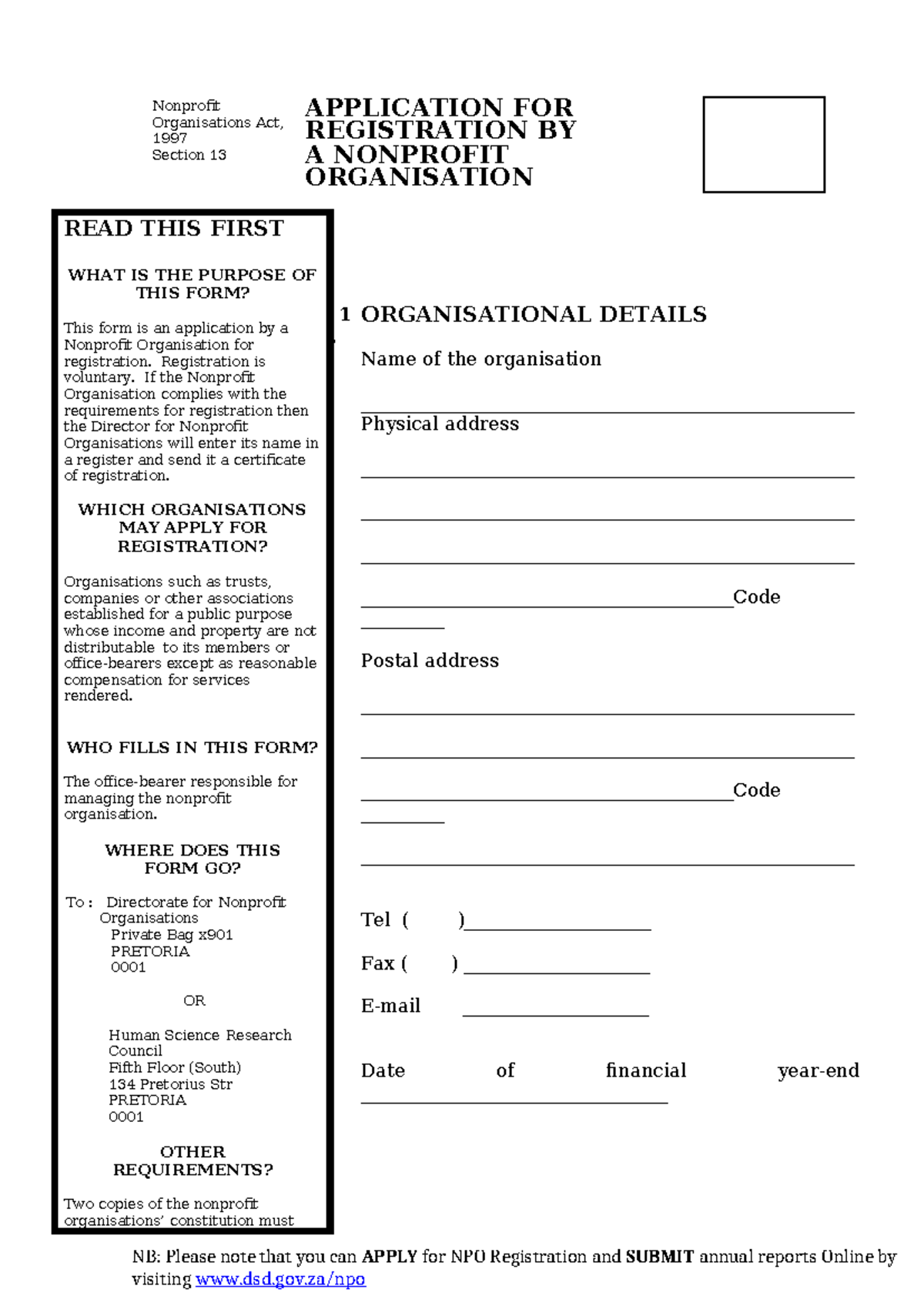 NPO Registration Application Form - Nonprofit Organisations Act, 1997 ...