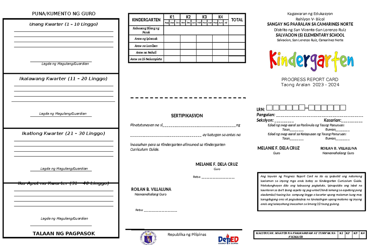 Kindergarten Progress Report Card 2023-2024 - Final Copy - Studocu